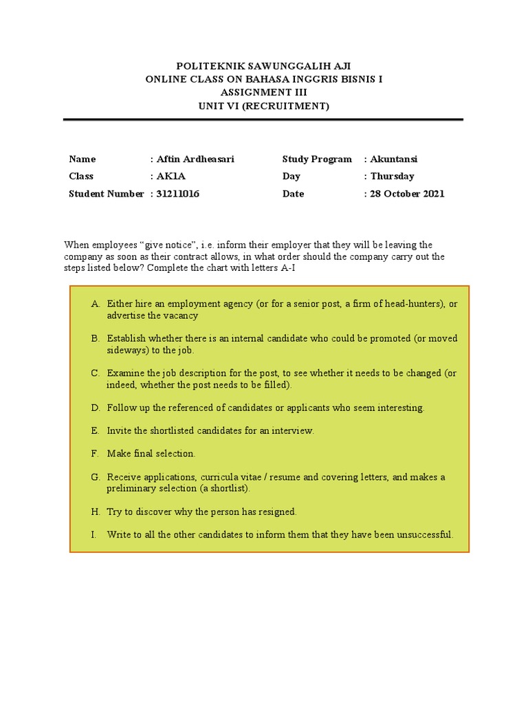 AK1A 31211016 Aftin Ardheasari Unit VI Recruitment | PDF | Job ...