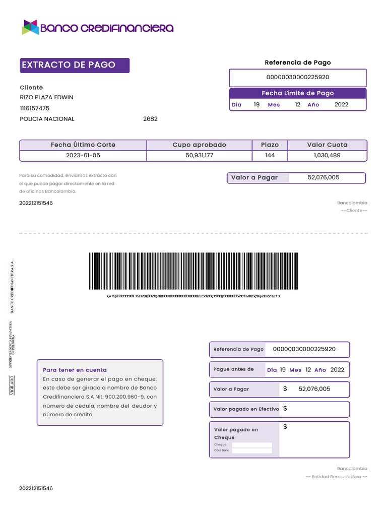 Extracto de Pago: Fecha Último Corte Cupo Aprobado Plazo Valor Cuota ...