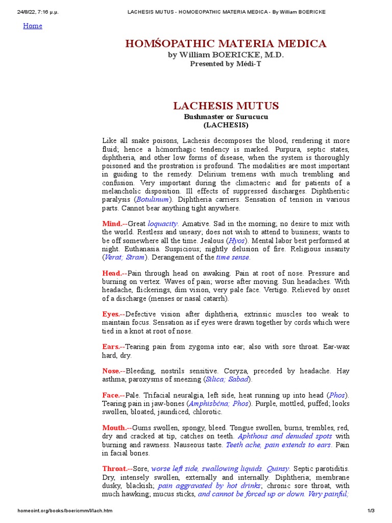 LACHESIS MUTUS - HOMOEOPATHIC MATERIA MEDICA - by William BOERICKE ...