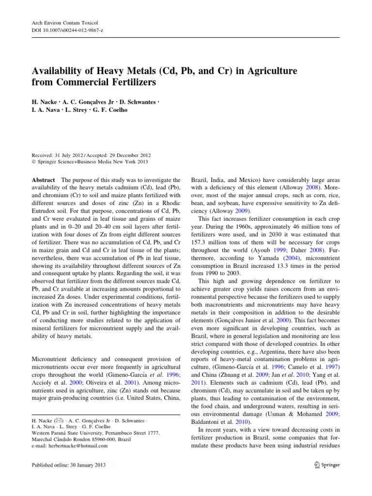 Availability of Heavy Metals (CD, PB, and CR) in Agriculture From ...