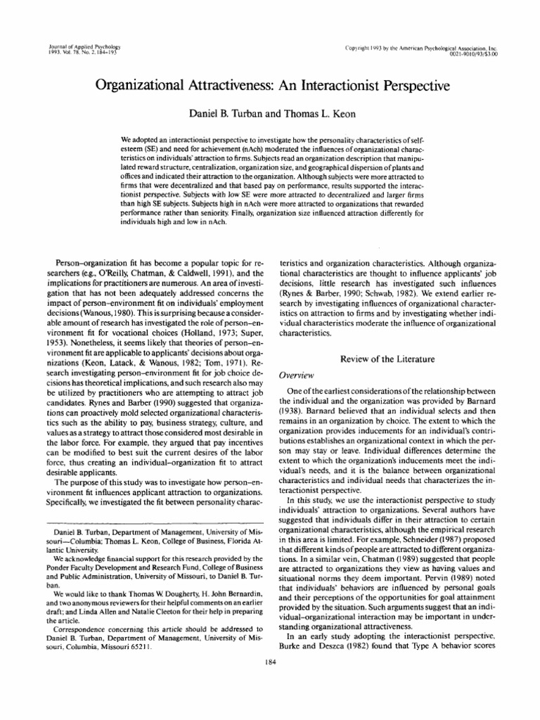 Organizational Attractiveness - An Interactionist Perspective | PDF | Self Esteem | Attitude ...
