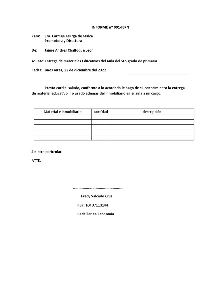 Informe de Entrega de Materiales | PDF