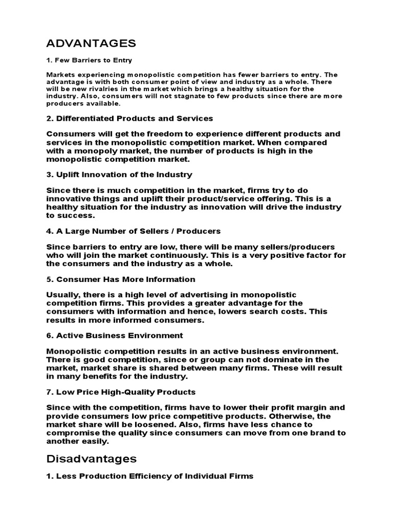 Advantages and Disadvantages | PDF | Monopoly | Competition