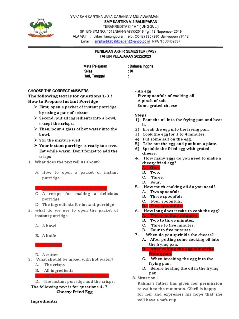 Soal Pas Basing 9 2022 November | PDF | Cooking | Foods