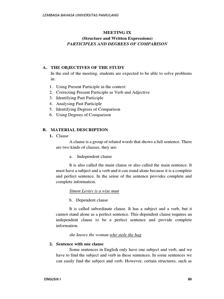 Meet 9 Participle And Degree Of Comparison PDF Verb Subject Grammar 