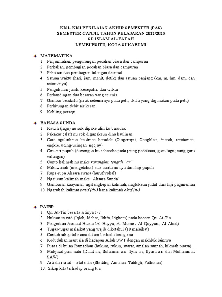 Kisi-Kisi PAS Kelas 5 Semester Ganjil TA. 2022-2023 | PDF | Kajian Bahasa Asing