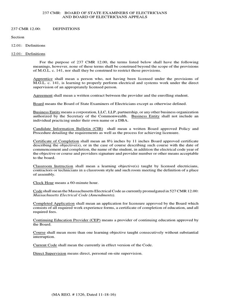 237 CMR 12 | Download Free PDF | Electrician | Journeyman