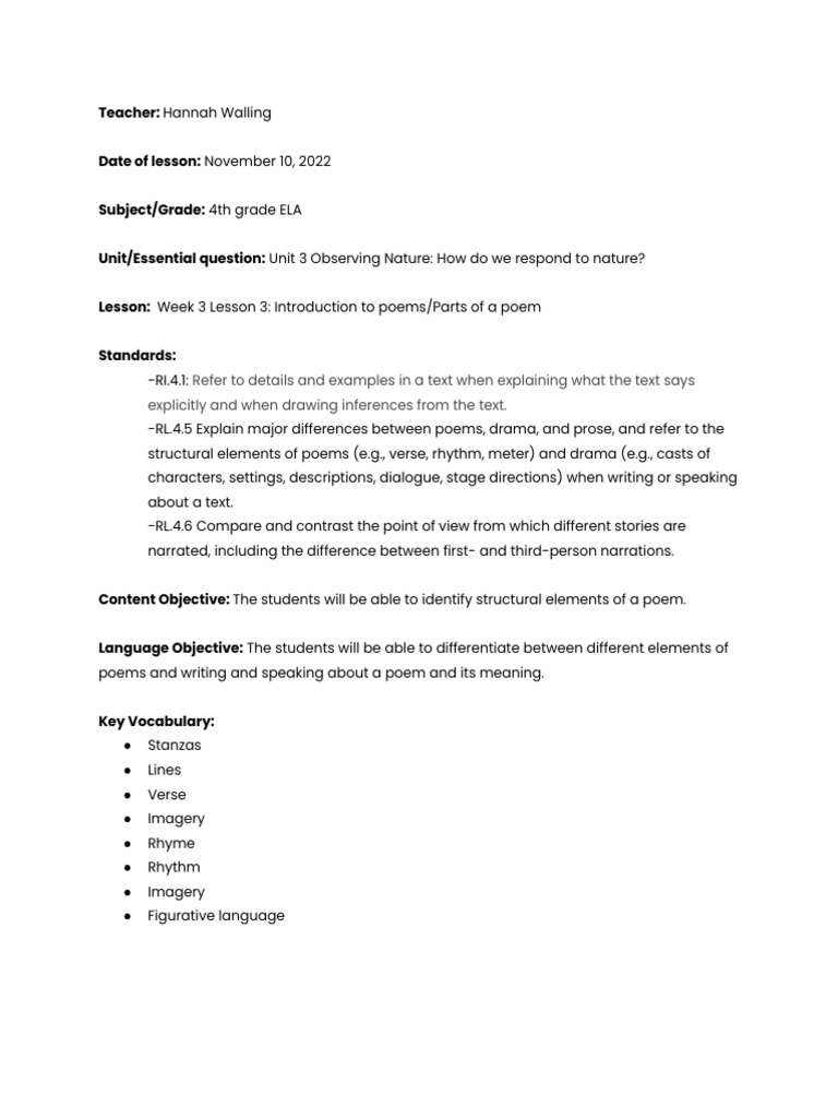 4th Grade ELA: Introduction to Poems | PDF | Human Communication ...