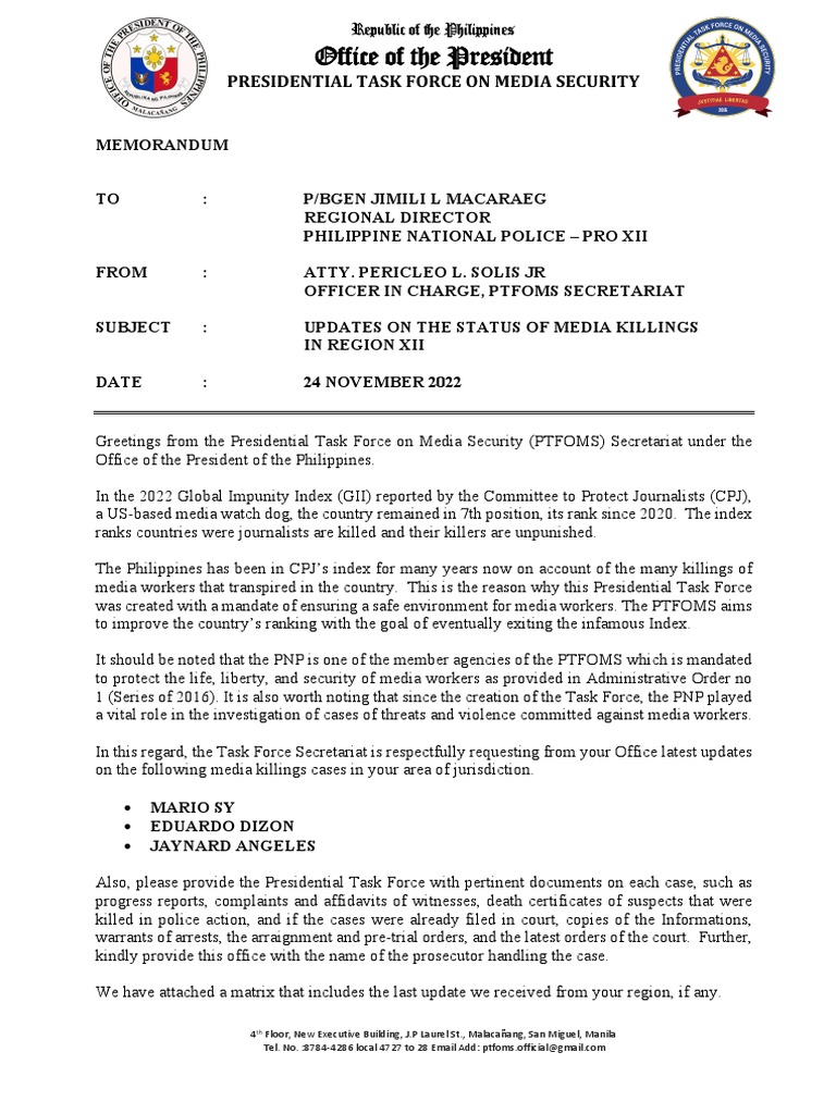 Memo PNP Pro12 - Updates On Cases of Media Killings | PDF | Government ...
