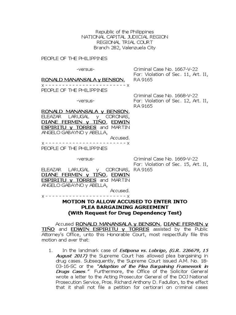 Motion For Plea Bargain Manansala Et Al | PDF | Plea Bargain | Plea