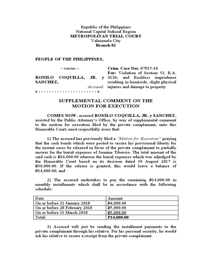 Supplemental Comment On Motion For Execution Ronilo Coquilla | PDF | Justice | Crime & Violence