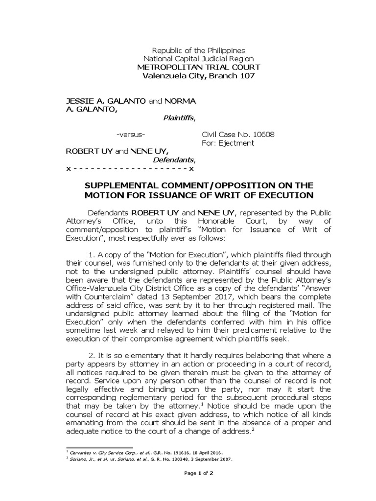 Opposition to Writ of Execution Motion | PDF | Lawsuit | Common Law