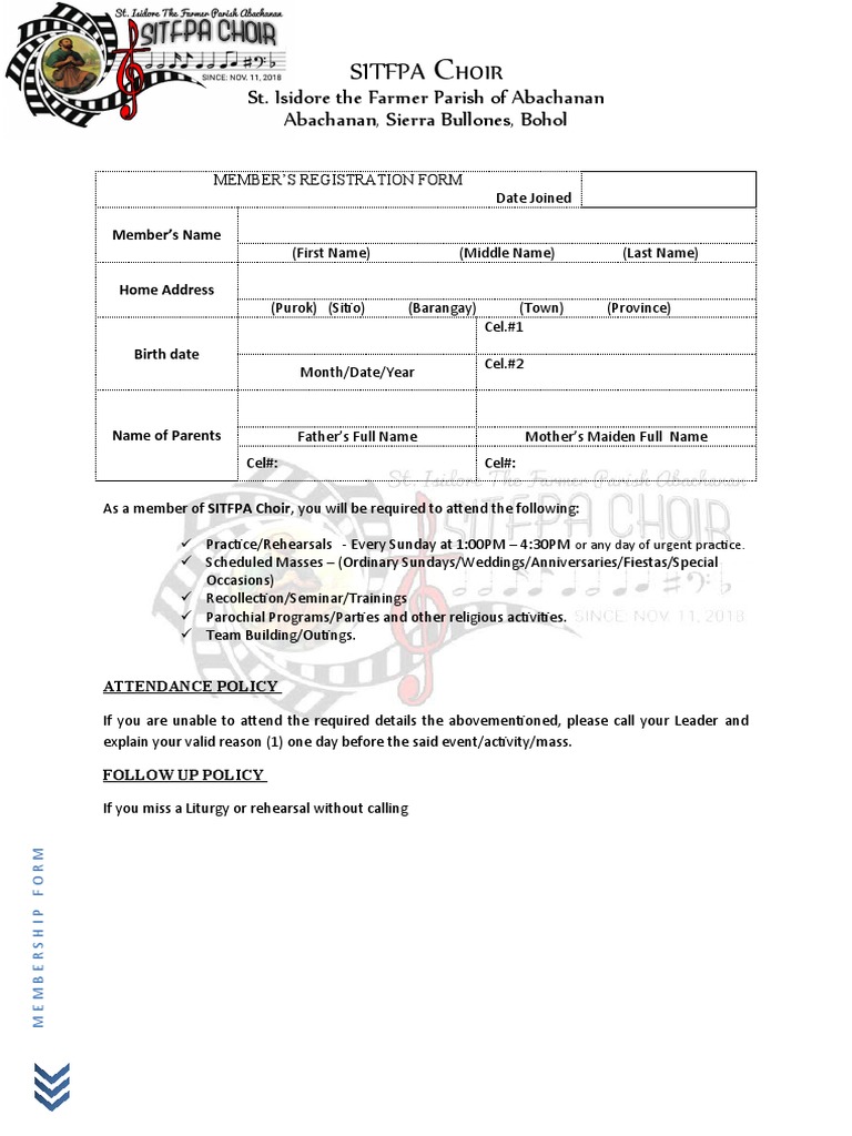 SITFPA Choir Membership Registration | PDF | Catholic Church ...