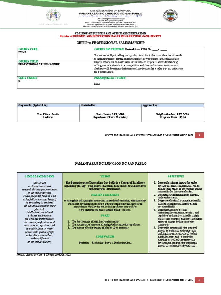 Professional Salesmanship OBTLP | PDF | Sales | Educational Assessment