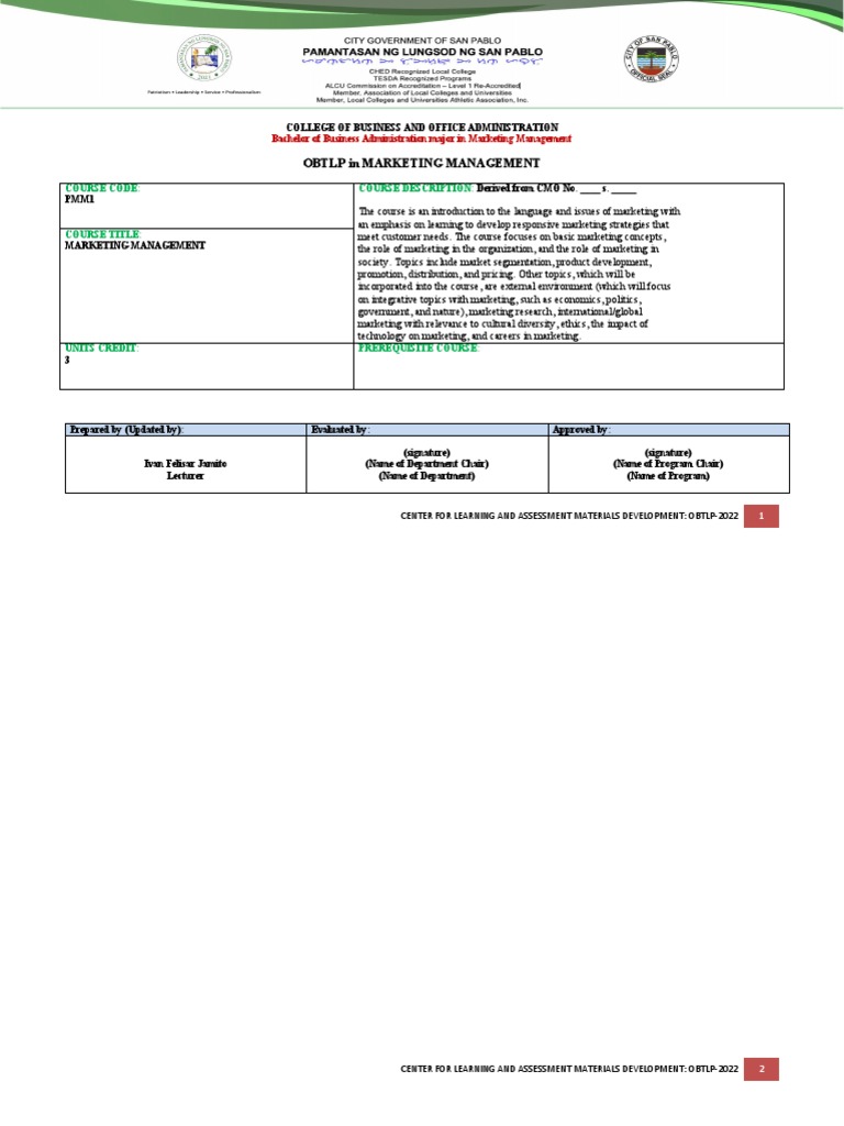 Marketing Management OBTLP | PDF | Marketing | Marketing Strategy