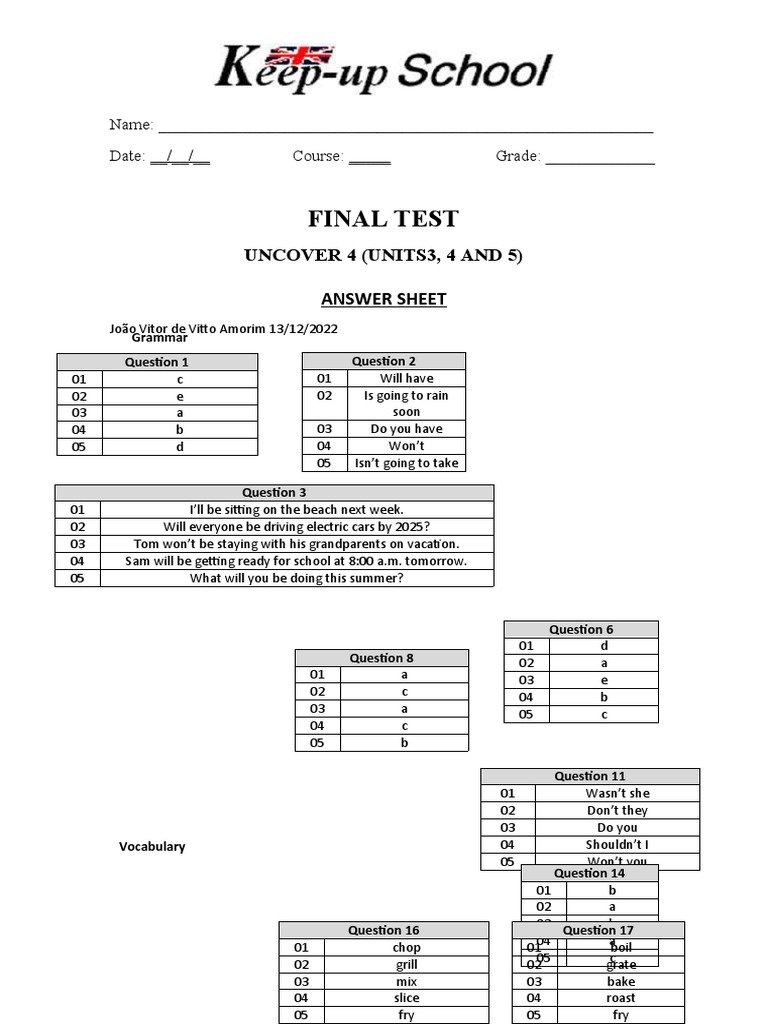 Answer sheet - Uncover 4 | PDF