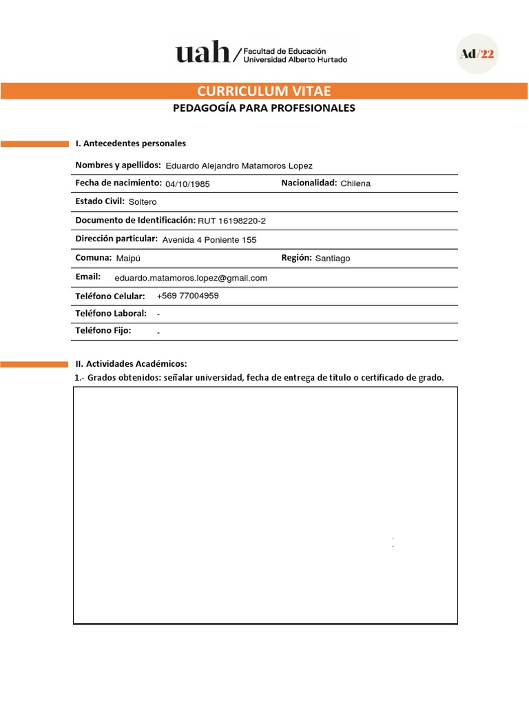 Formulario CV Pedagogia para Profesionales Edo Matamoros | PDF