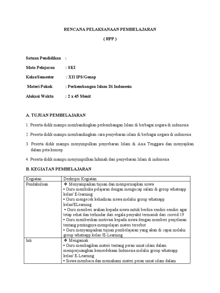 RPP SKI 12 Perkembangan Islam Di Indonesia | PDF