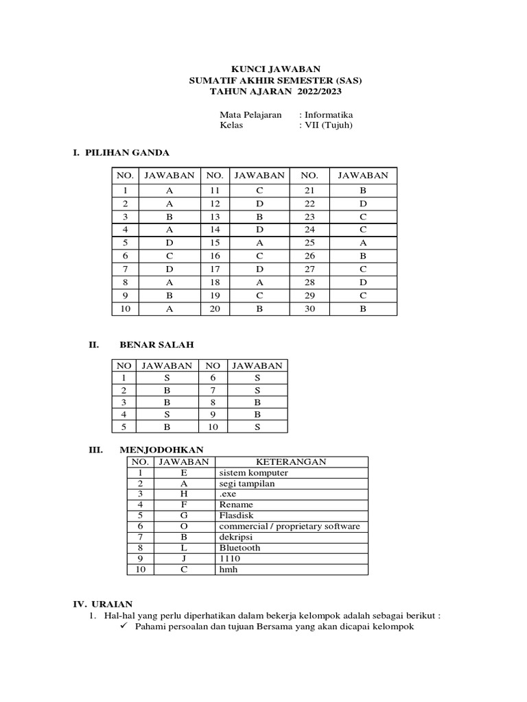 Kunci Jawaban Informatika Kelas VII | PDF