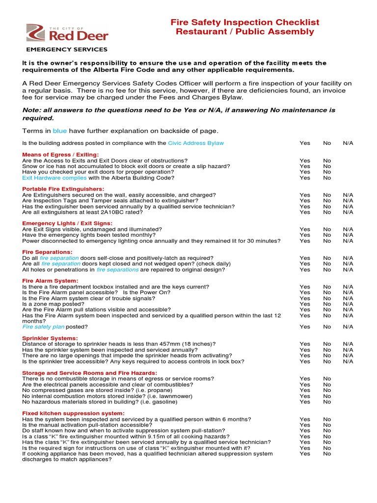 Fire Safety Inspection Checklist - Restaurant - Public Assembly | PDF ...