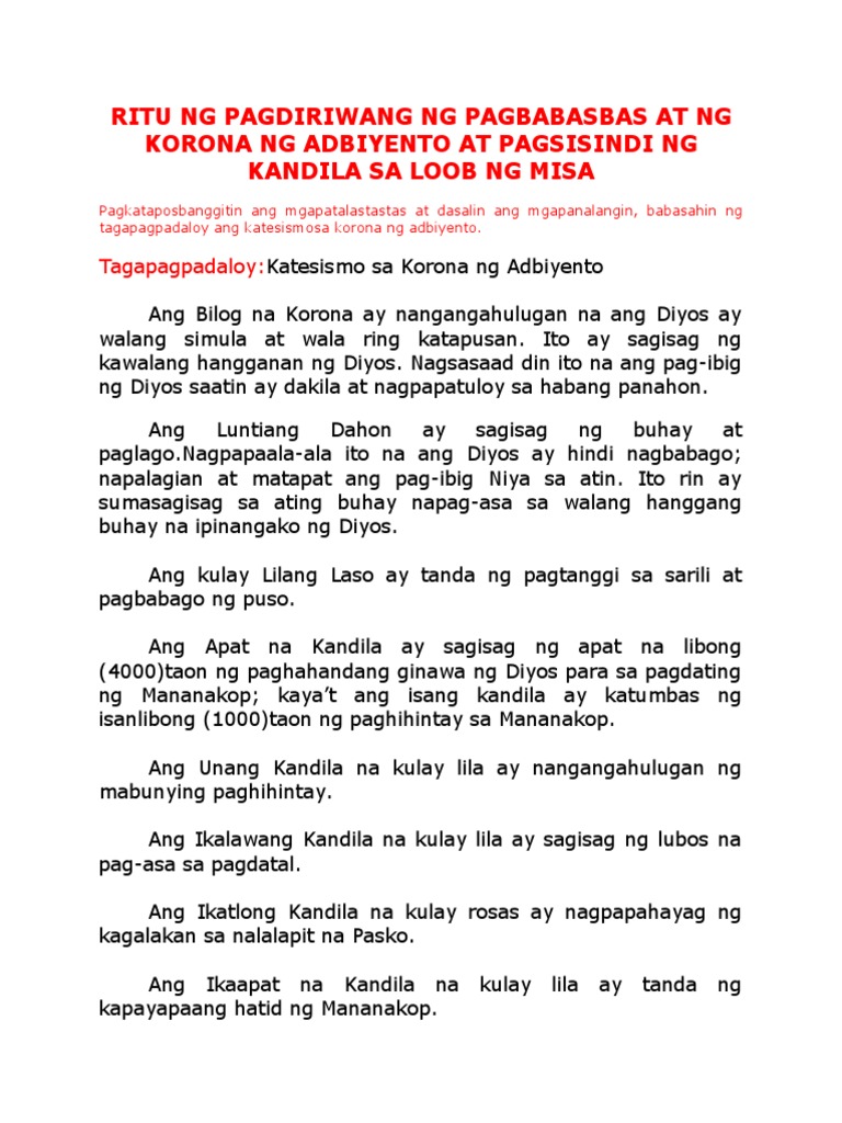 Ritu NG Pagdiriwang NG Pagbabasbas at NG Korona NG Adbiyento at Pagsisindi NG Kandila Sa Loob NG ...