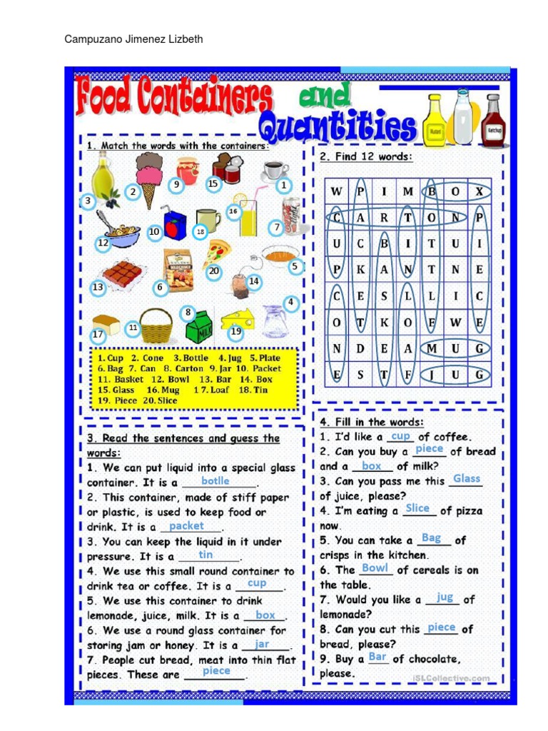 Food Containers Worksheet | PDF