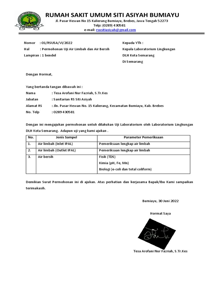 Surat Permohonan Uji Lab Air | PDF