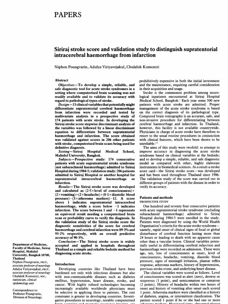 Siriraj Stroke Score Validation Study | PDF | Stroke | Neurology