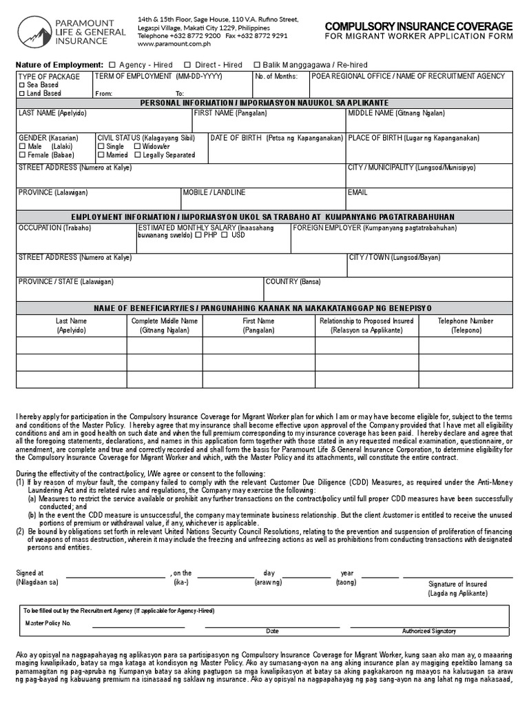 OFW Insurance Application Form - Fillable | PDF | Insurance | Business