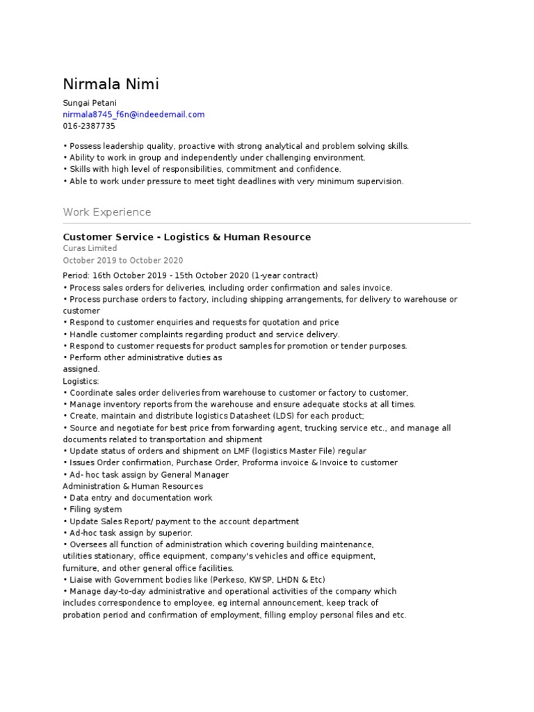 Resume Nirmala Nimi | PDF | Logistics | Employment