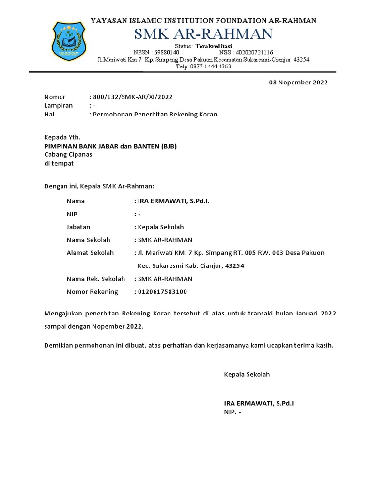 Contoh Surat Permohonan Rekening Koran | PDF