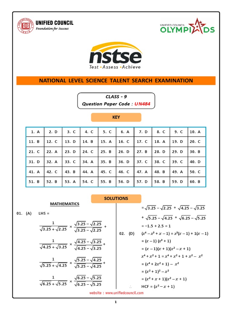 CL - 9 - NSTSE-2023-Paper-484 Key | PDF | Force | Physical Quantities