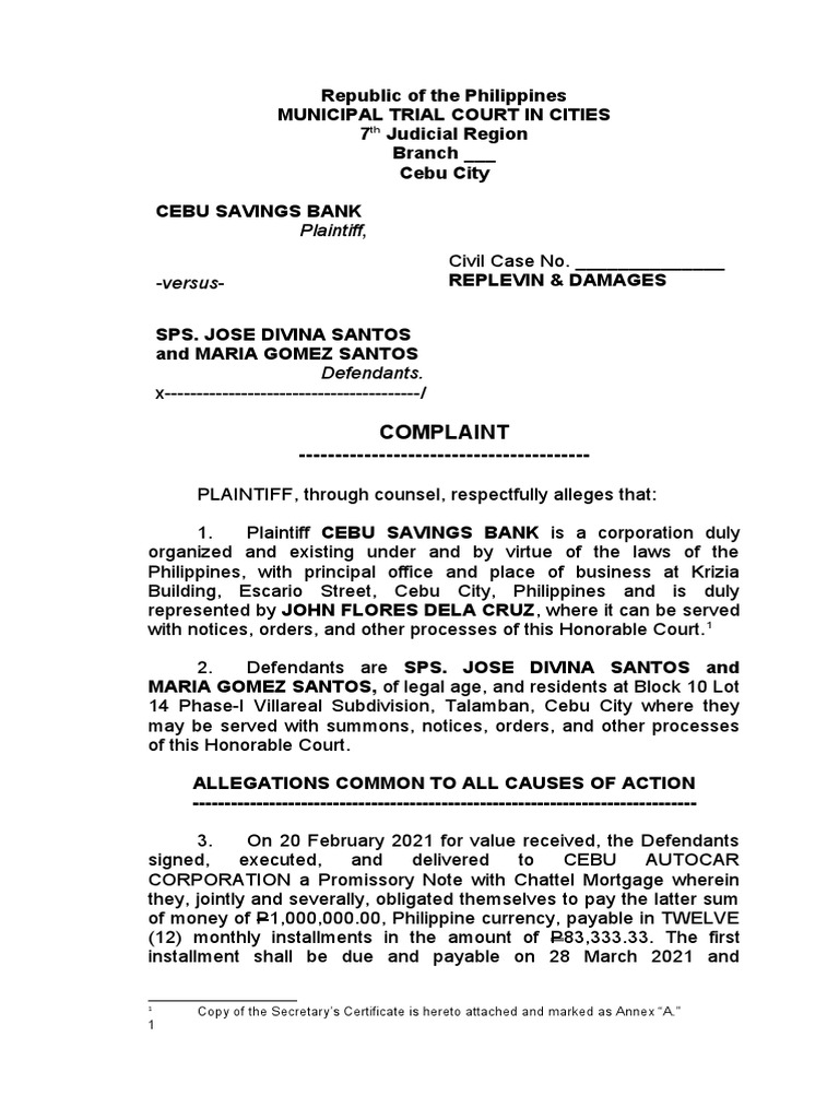 Complaint for Replevin | PDF | Foreclosure | Mortgage Loan