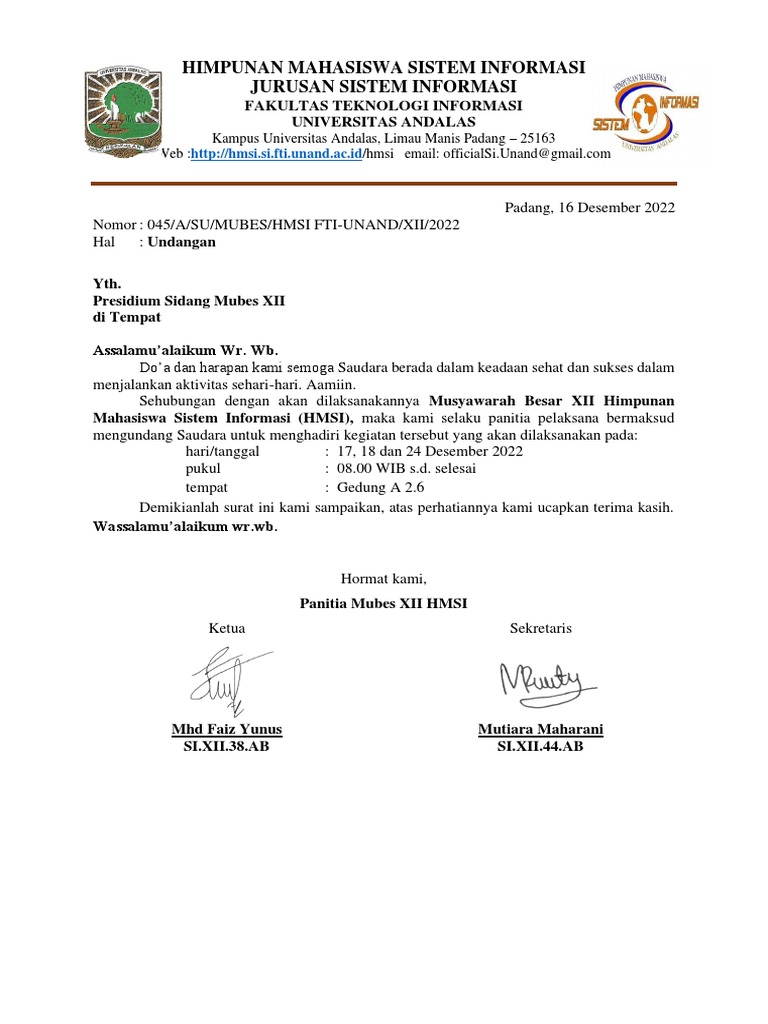 Undangan Mubes XII HMSI Unand | PDF | Komputer