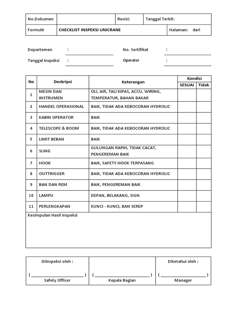 Form Check List Inspeksi Unicrane | PDF