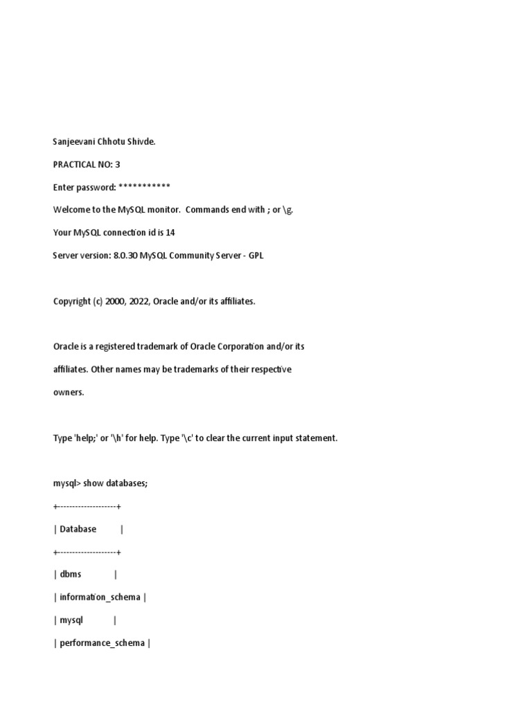 Practical 3 Dbms Pdf Databases My Sql