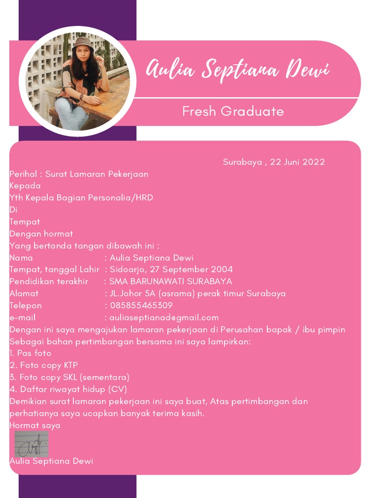 Surat Lamaran Kerja Dan CV - Aulia Septiana Dewi | PDF
