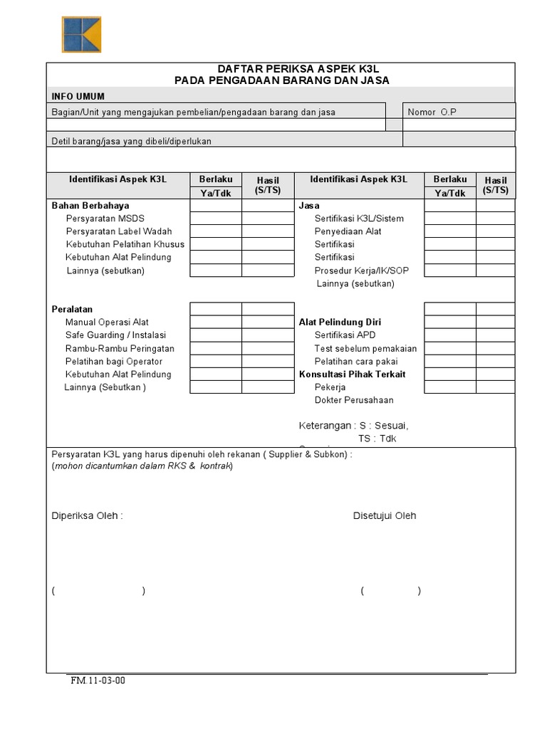 FM.11.04-00 Daftar Periksa Aspek K3 Pengadaan | PDF