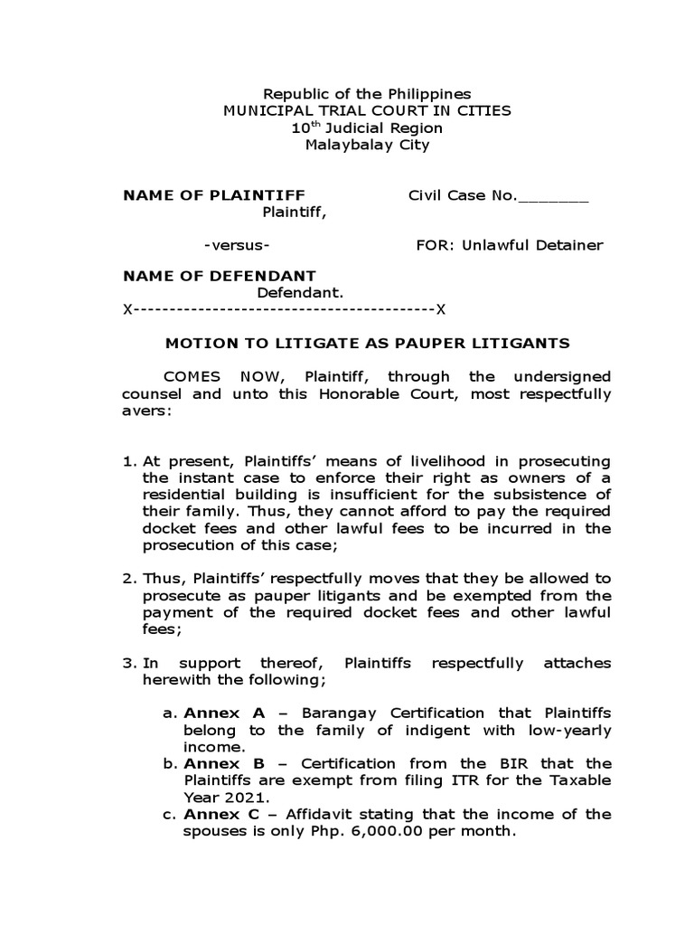 Motion to Litigate as Pauper Litigant FORMAT | PDF