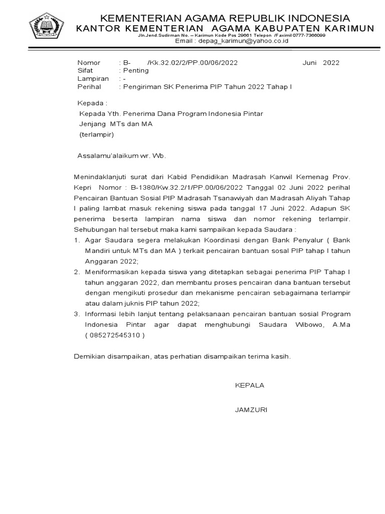Pengiriman SK PIP MTs Dan MA | PDF | Pengelolaan Keuangan & Uang
