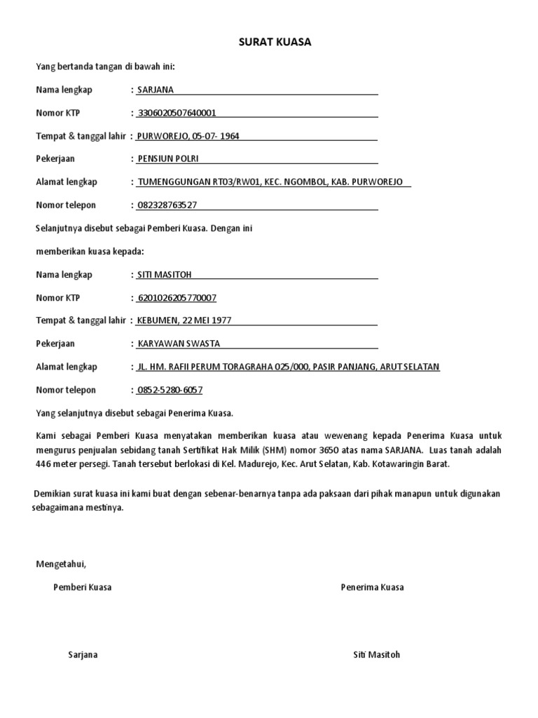 Contoh Surat Kuasa Tanah | PDF