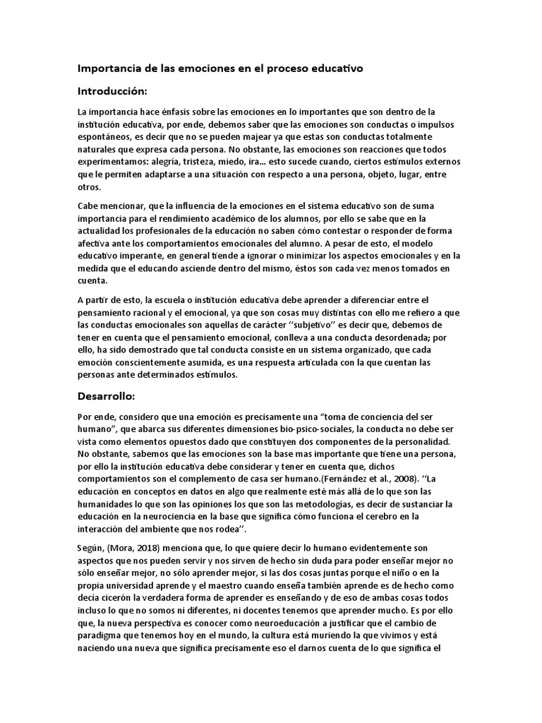Importancia De Las Emociones En El Proceso Educativo Pdf Las