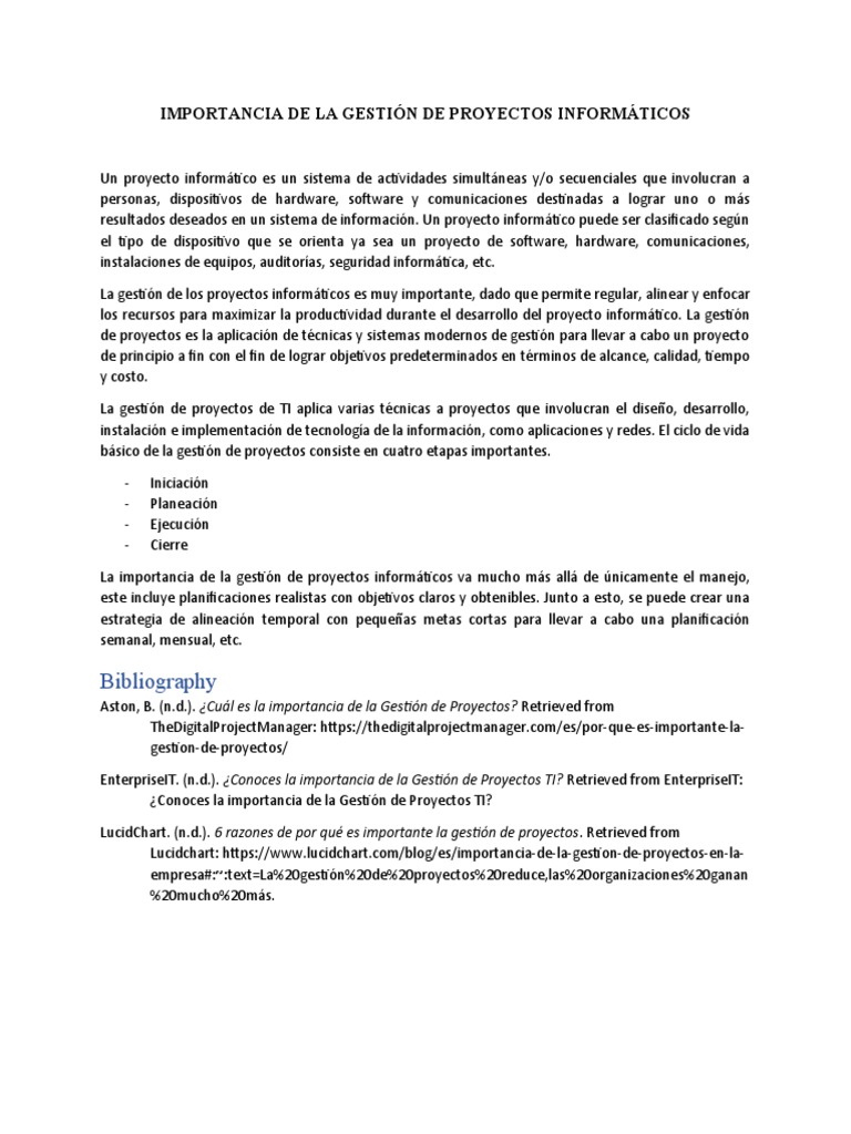 Importancia de La Gestión de Proyectos Informáticos | PDF