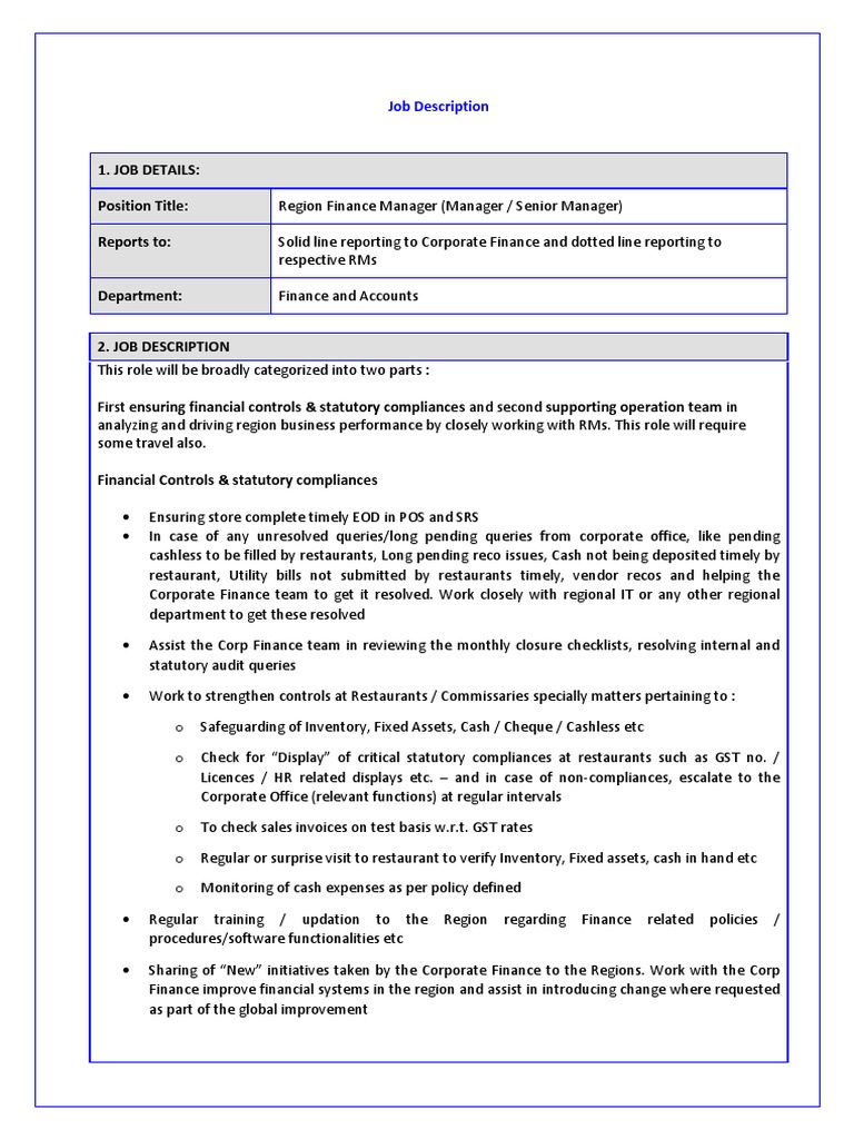 Regional Finance Manager Job Overview | PDF | Internal Control | Value ...