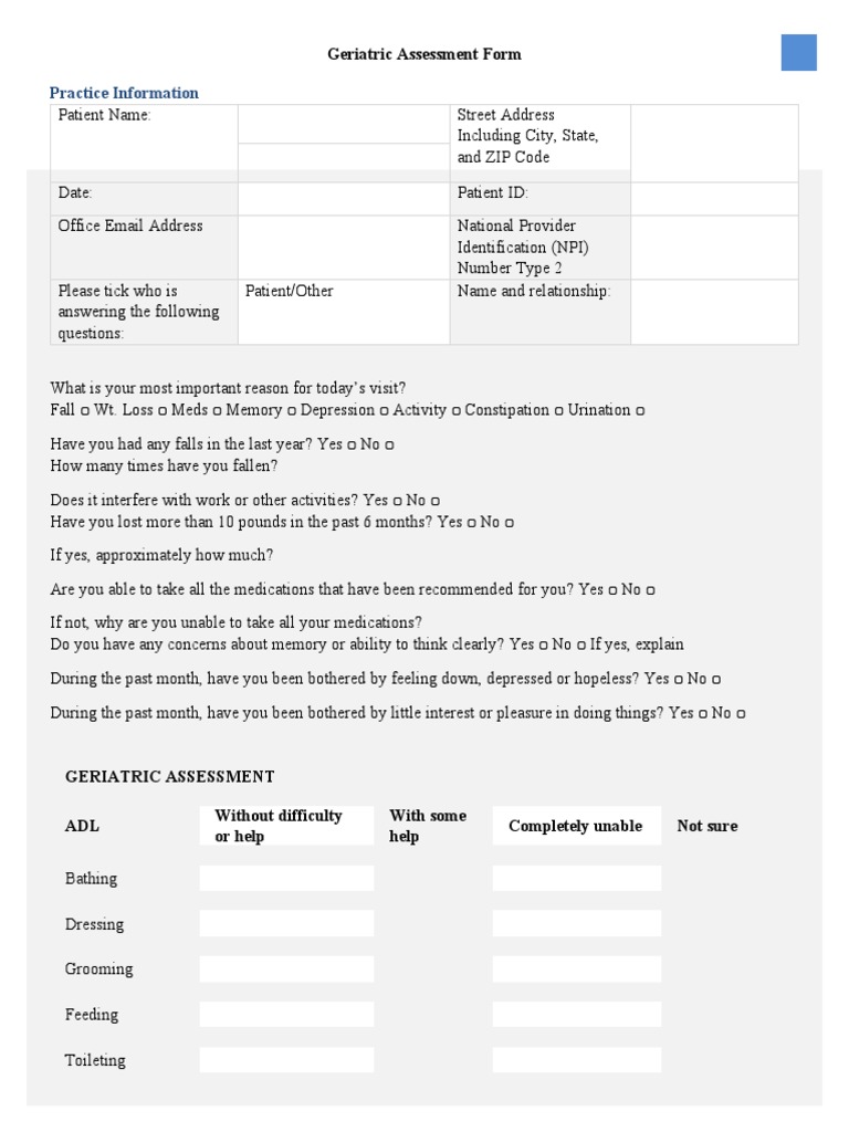 Geriatric Assessment Form Template | PDF | Medical Specialties | Health ...