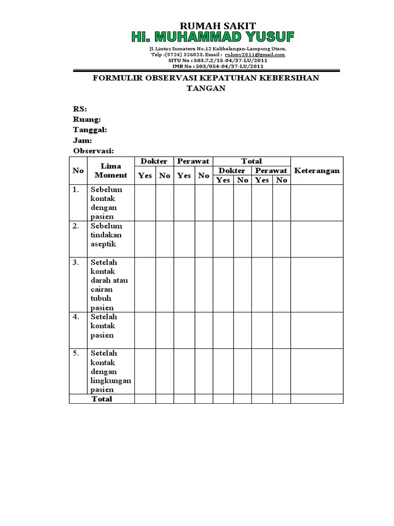 Formulir Observasi Kepatuhan Kebersihan Tangan | PDF