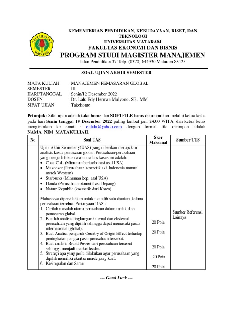 SOAL UAS Pemasaran Global 2022 | PDF