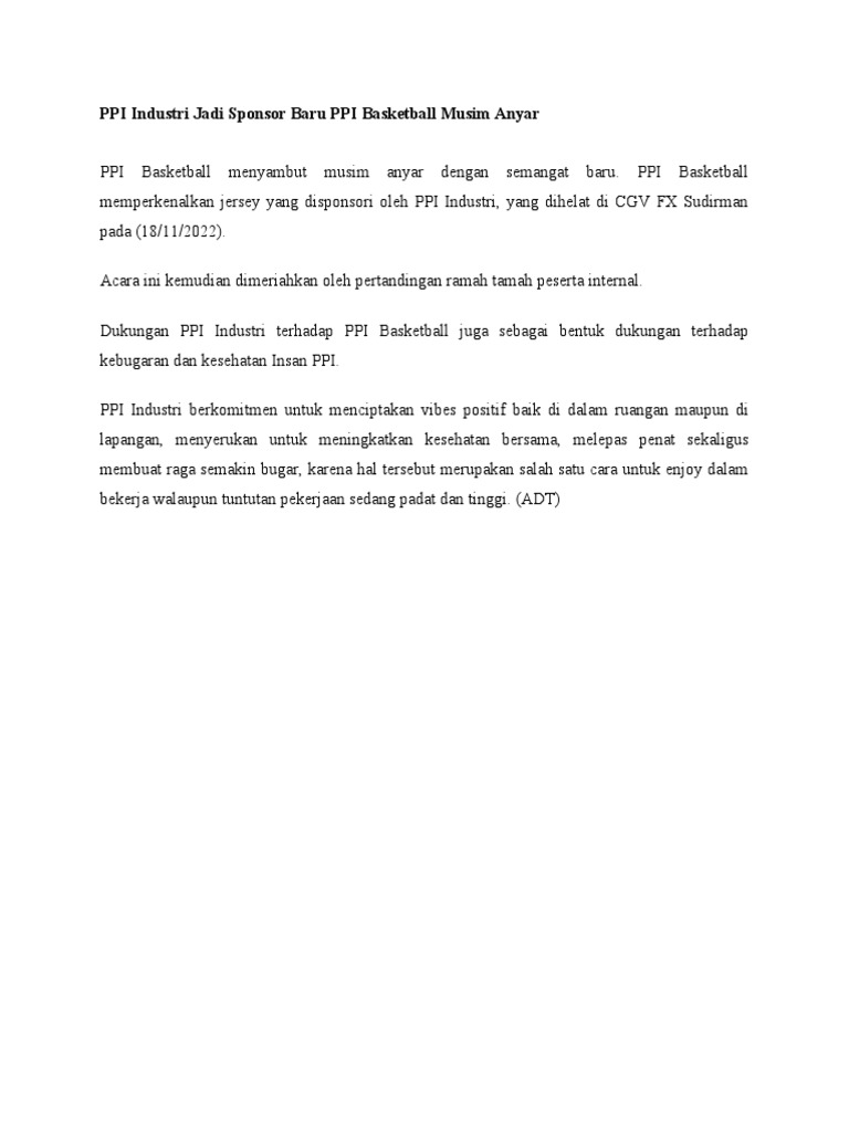 PPI Industri Jadi Sponsor Baru PPI Basketball Musim Anyar | PDF