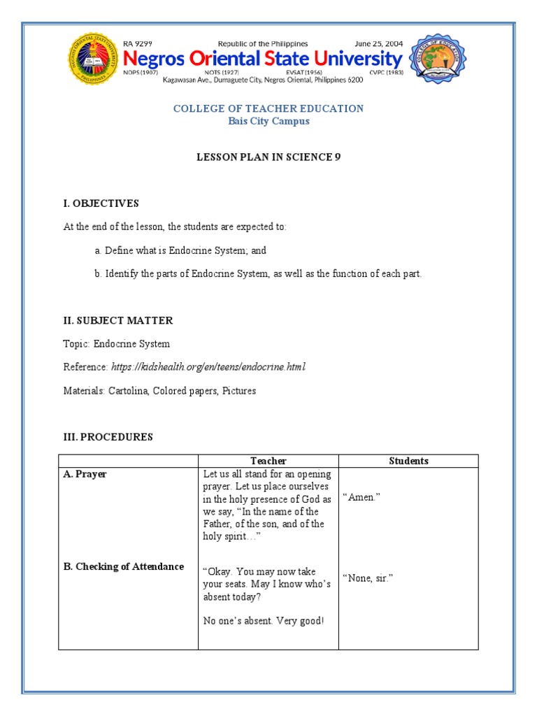 Lesson Plan in Science | PDF | Endocrine System | Hormone