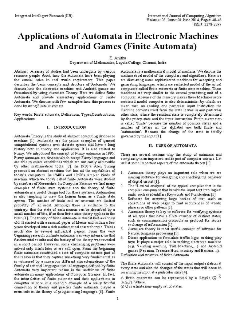 Applications of Automata in Electronic Machines and Android Games ...